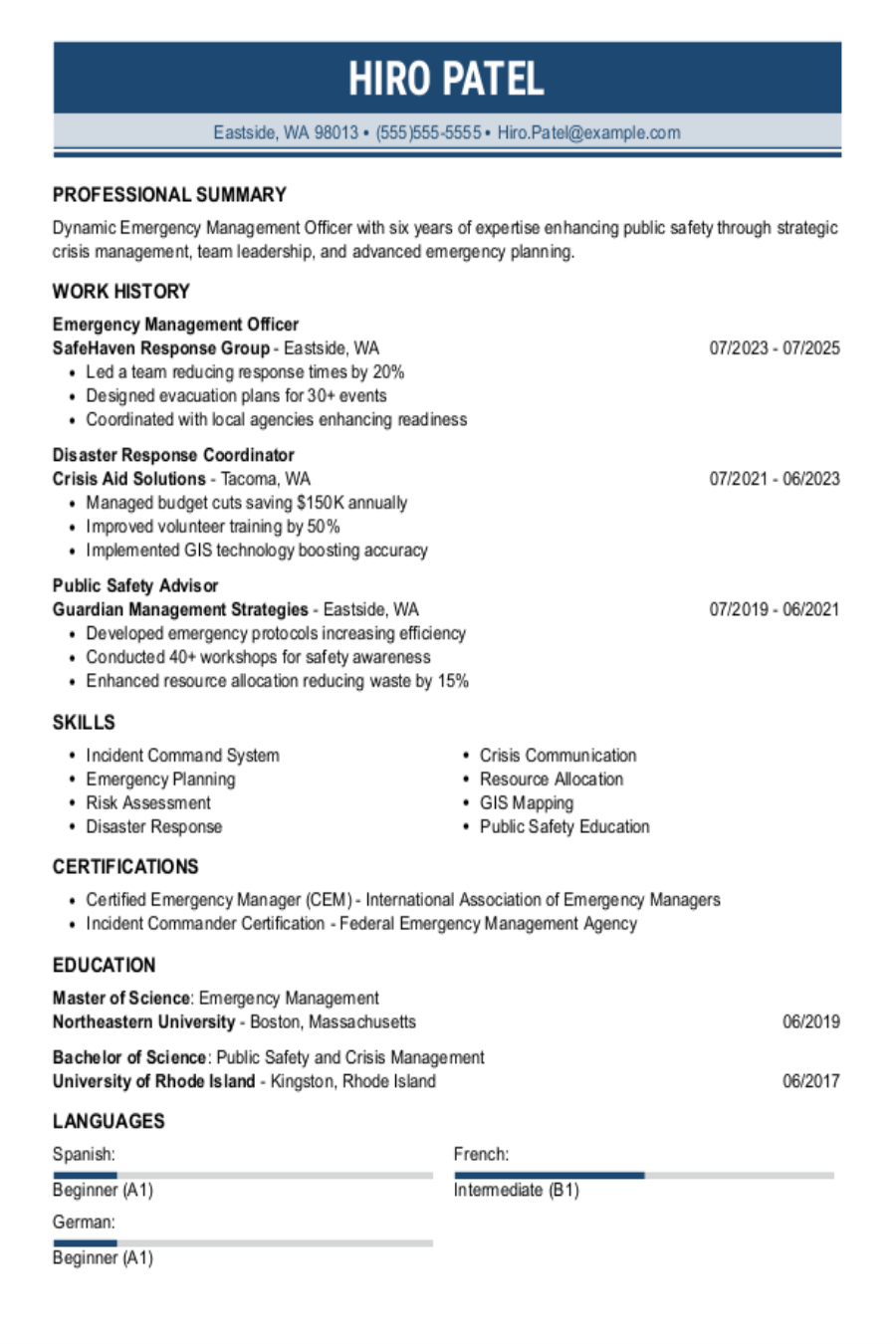 Emergency Management Officer Resume Examples & Templates