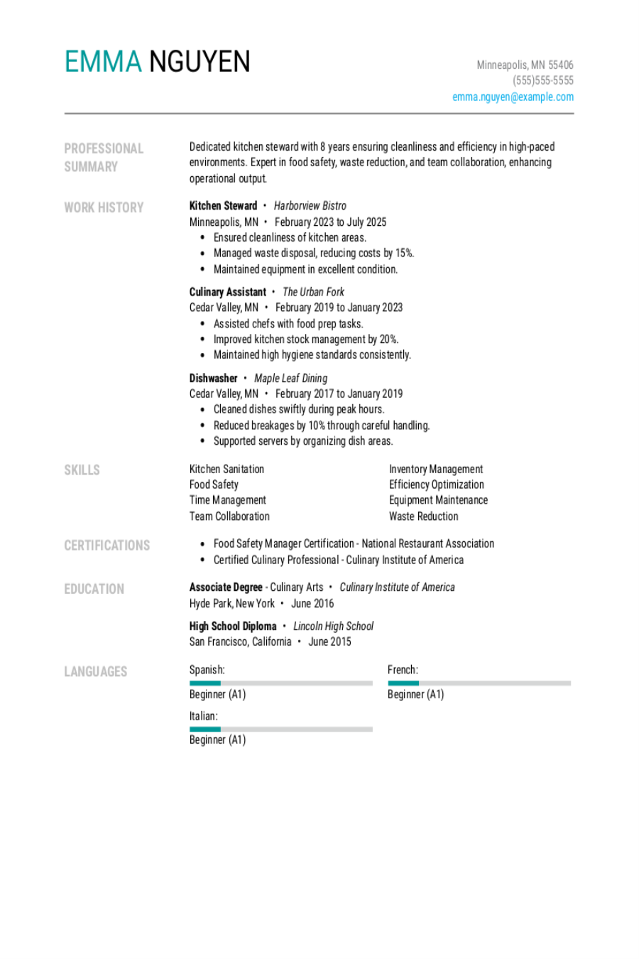Kitchen Steward Resume Examples & Templates (2025)