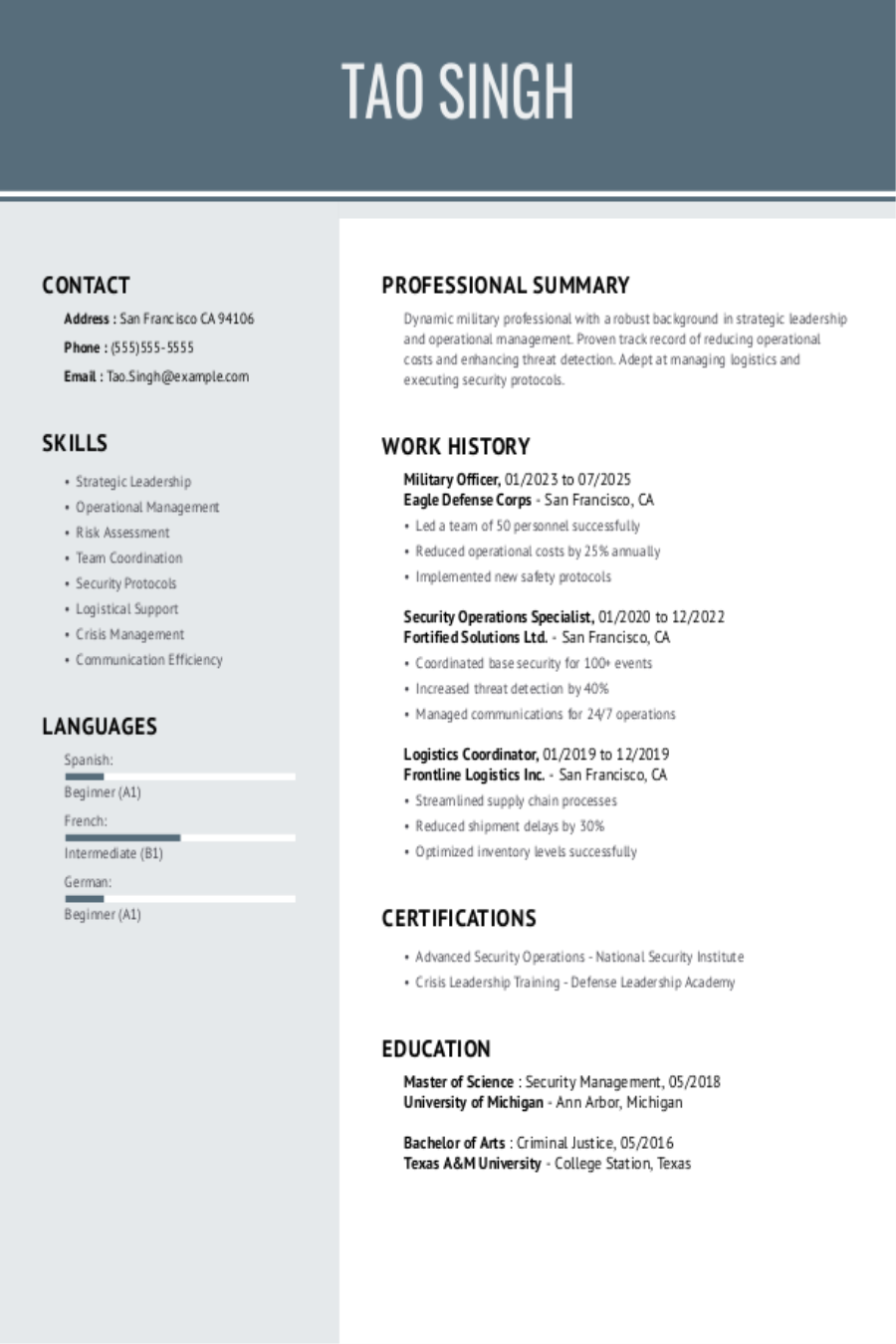 Military Resume Sample