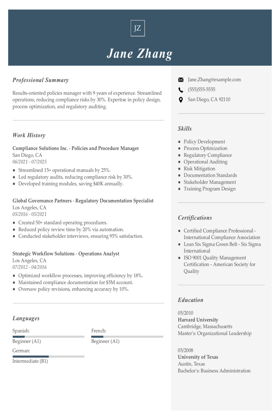 Policies And Procedures Manager Resume Examples & Templates