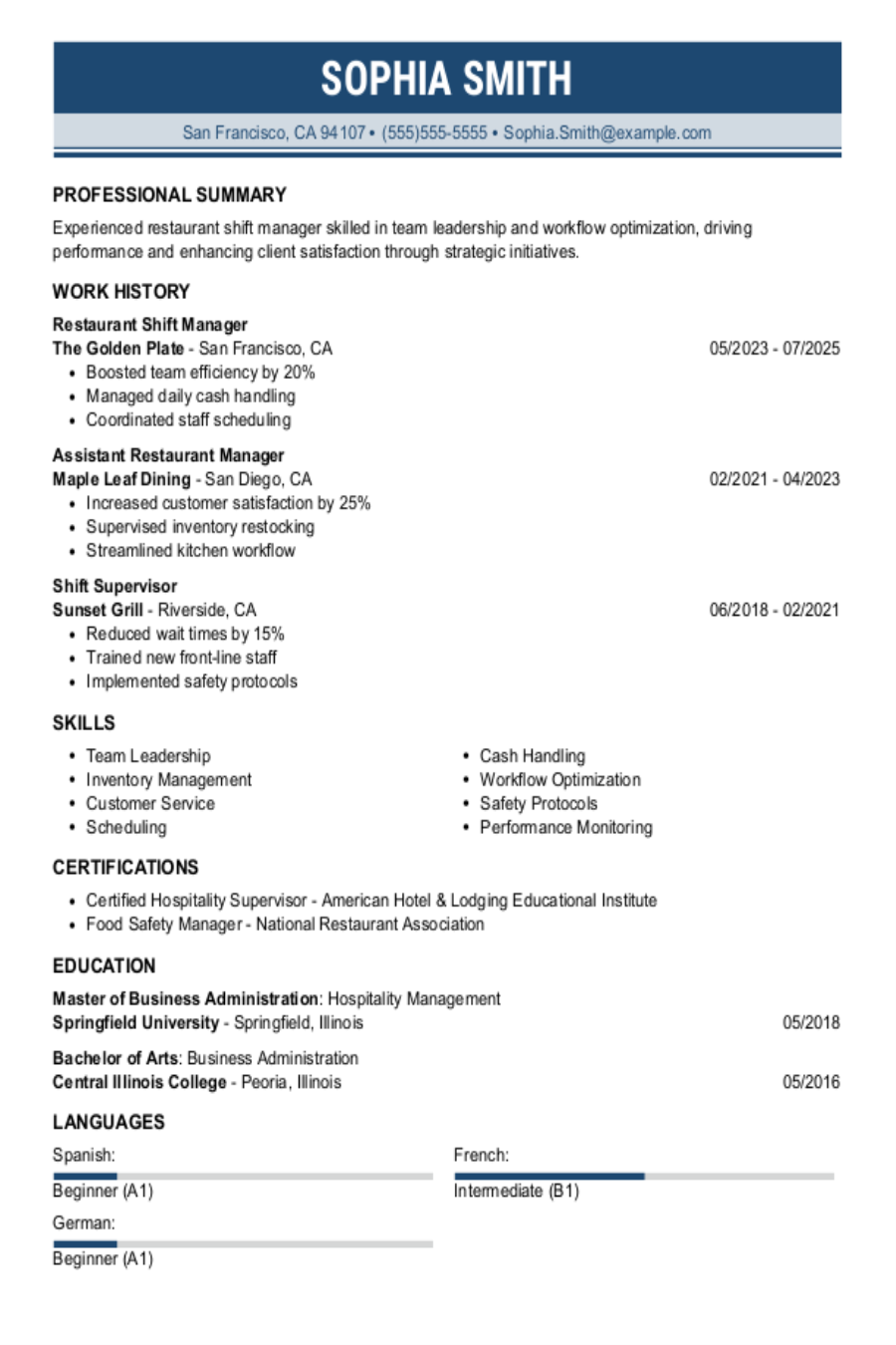 Restaurant Shift Manager Resume Examples & Templates