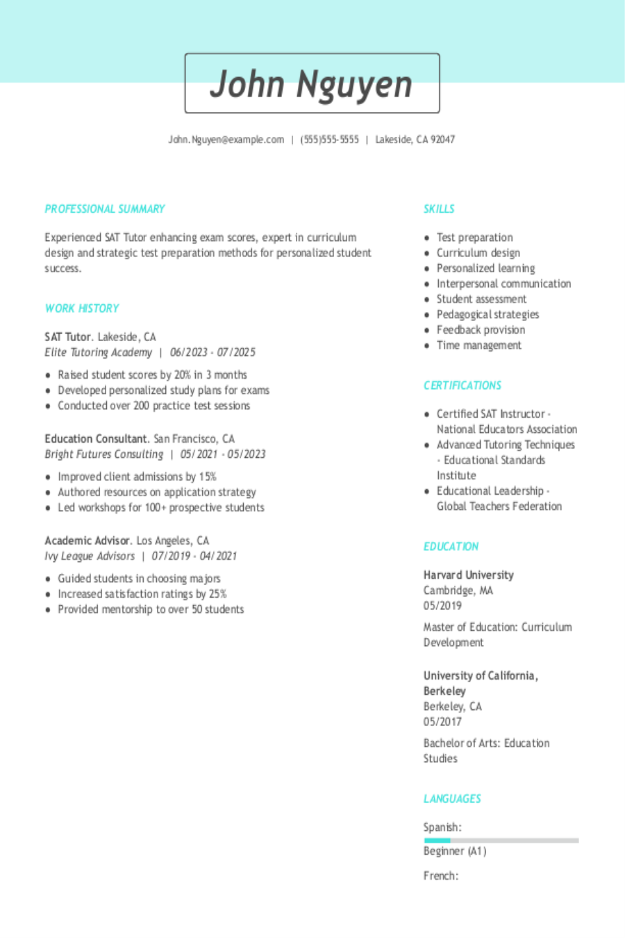 SAT Tutor Resume Examples & Templates