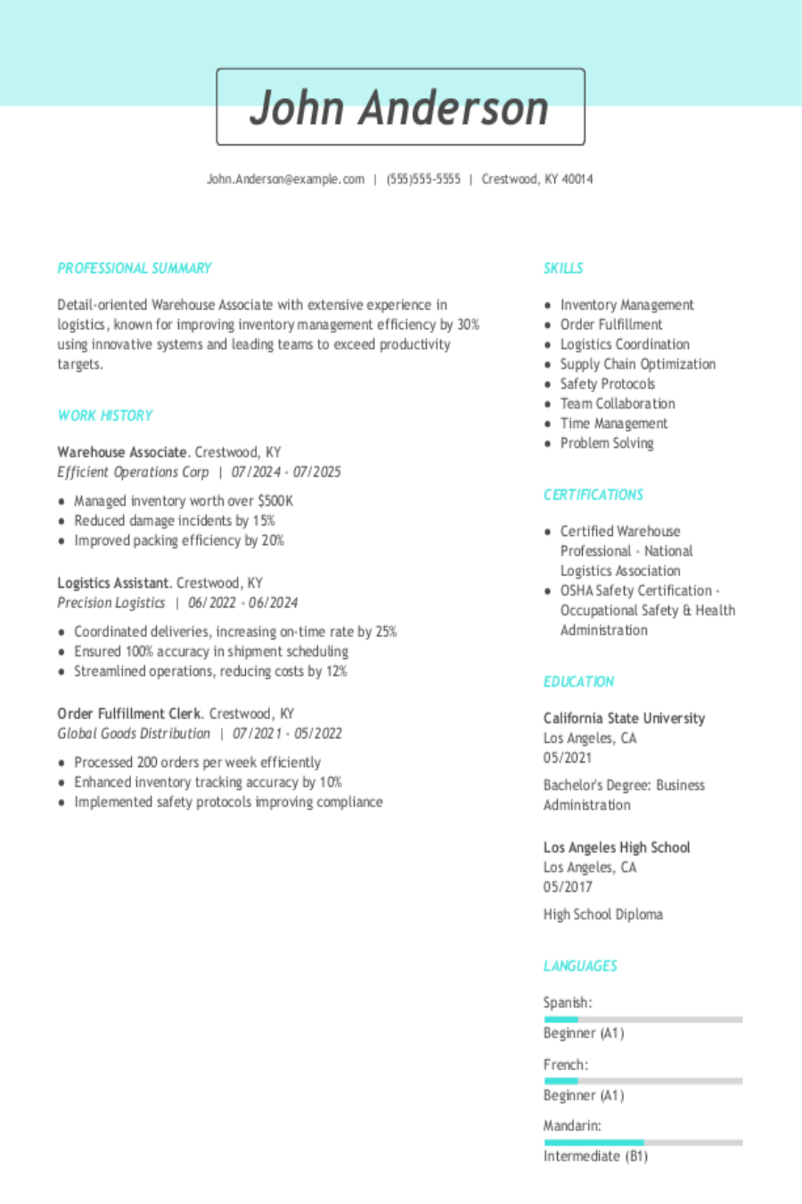 Warehouse Associate Resume Examples & Templates