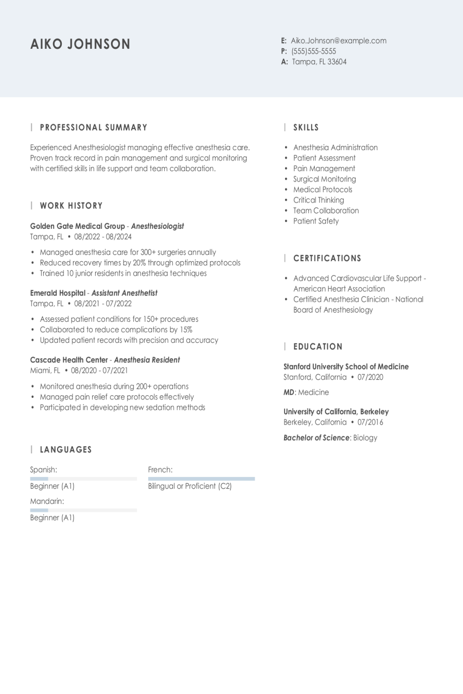 Anesthesiologist Resume Examples & Templates