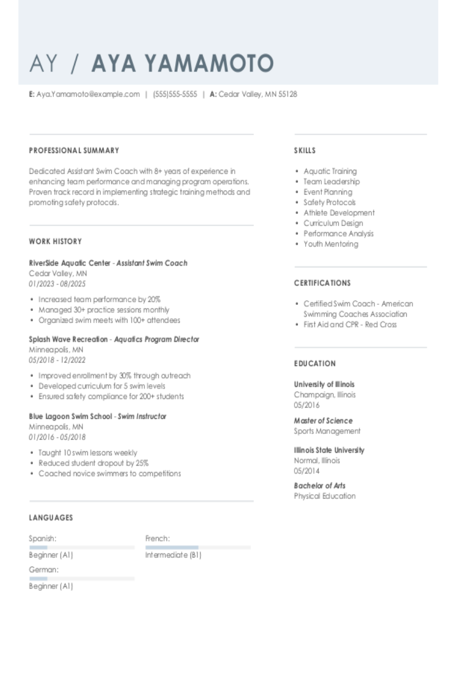 Assistant Swim Coach Resume Examples & Templates