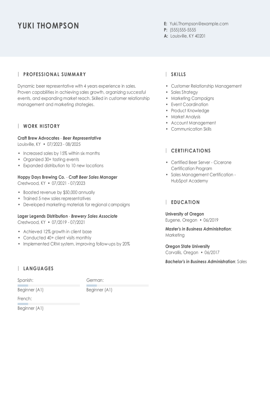 Beer Representative Resume Examples & Templates (2025)