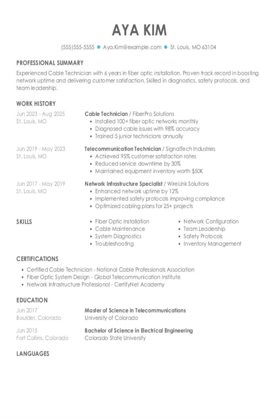 Cable Technician Resume Examples & Templates