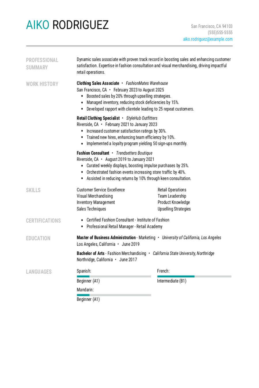 Clothing Sales Associate Resume Examples & Templates (2025)