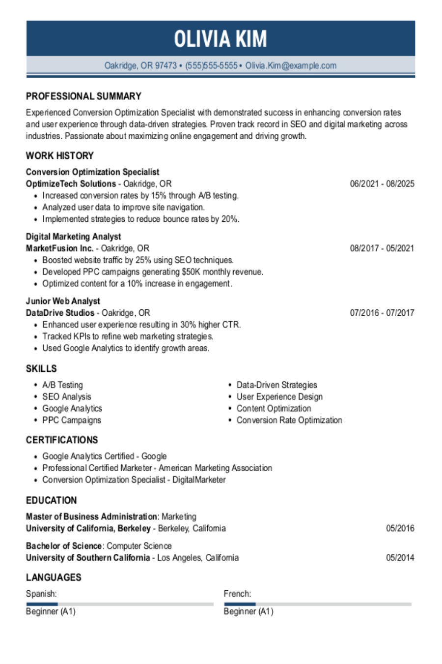 Conversion Optimization Specialist Resume Examples & Templates