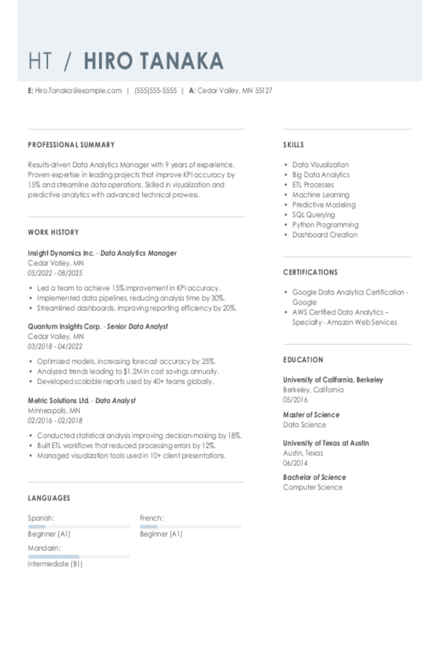 Data Analytics Manager Resume Examples & Templates