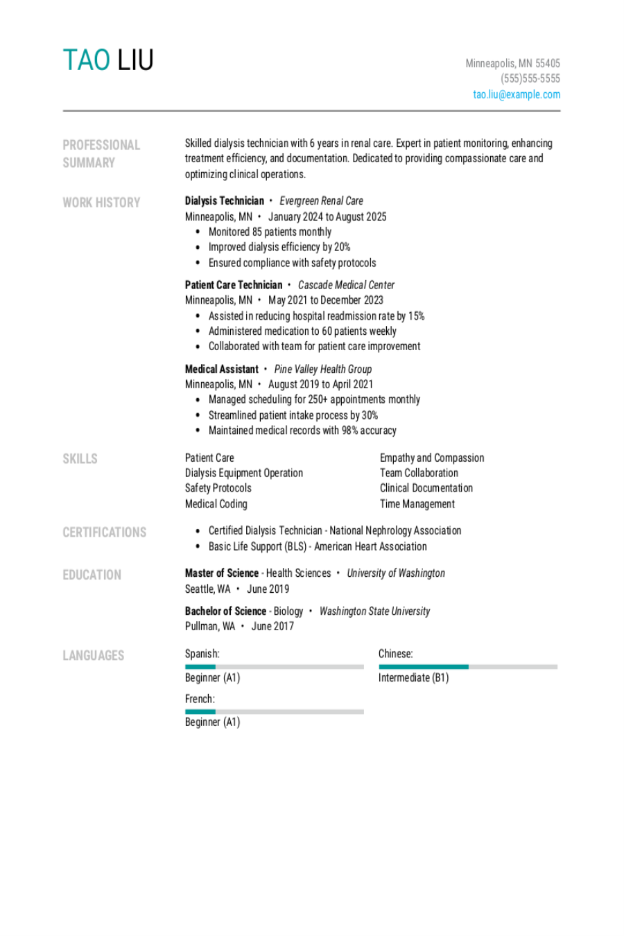 Dialysis Technician Resume Examples & Templates