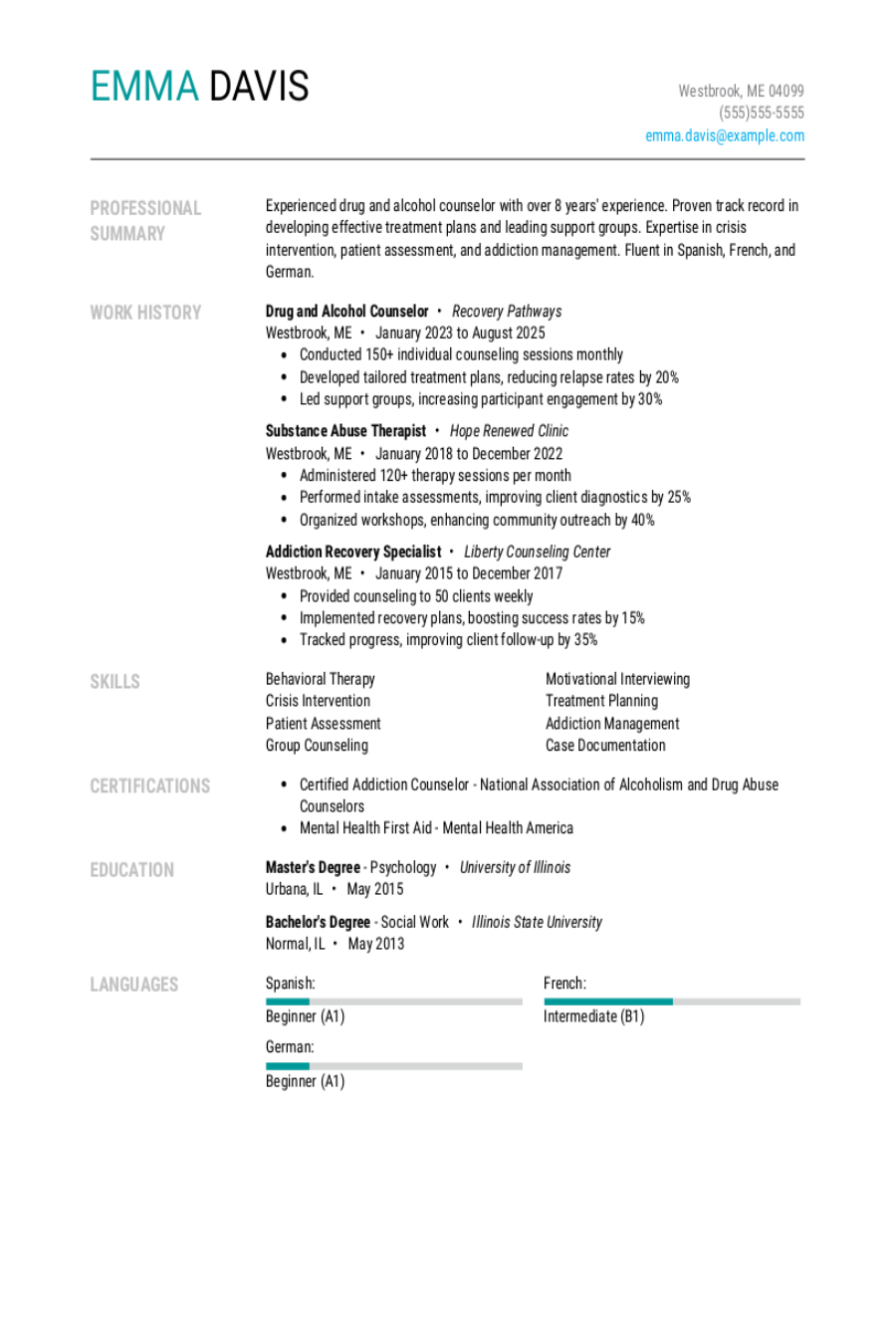 Drug And Alcohol Counselor Resume Examples & Templates