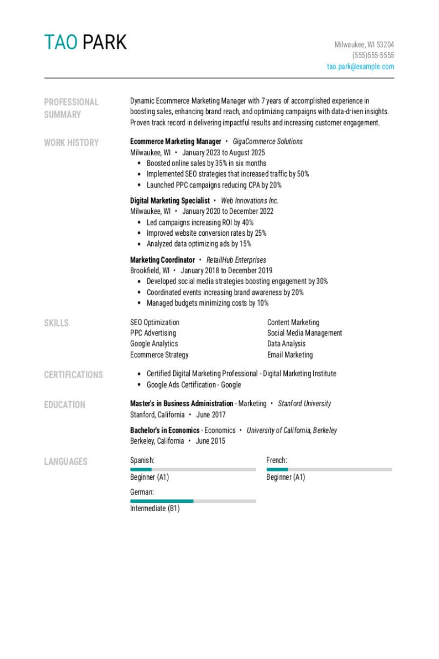 E-Commerce Marketing Manager Resume Examples & Templates