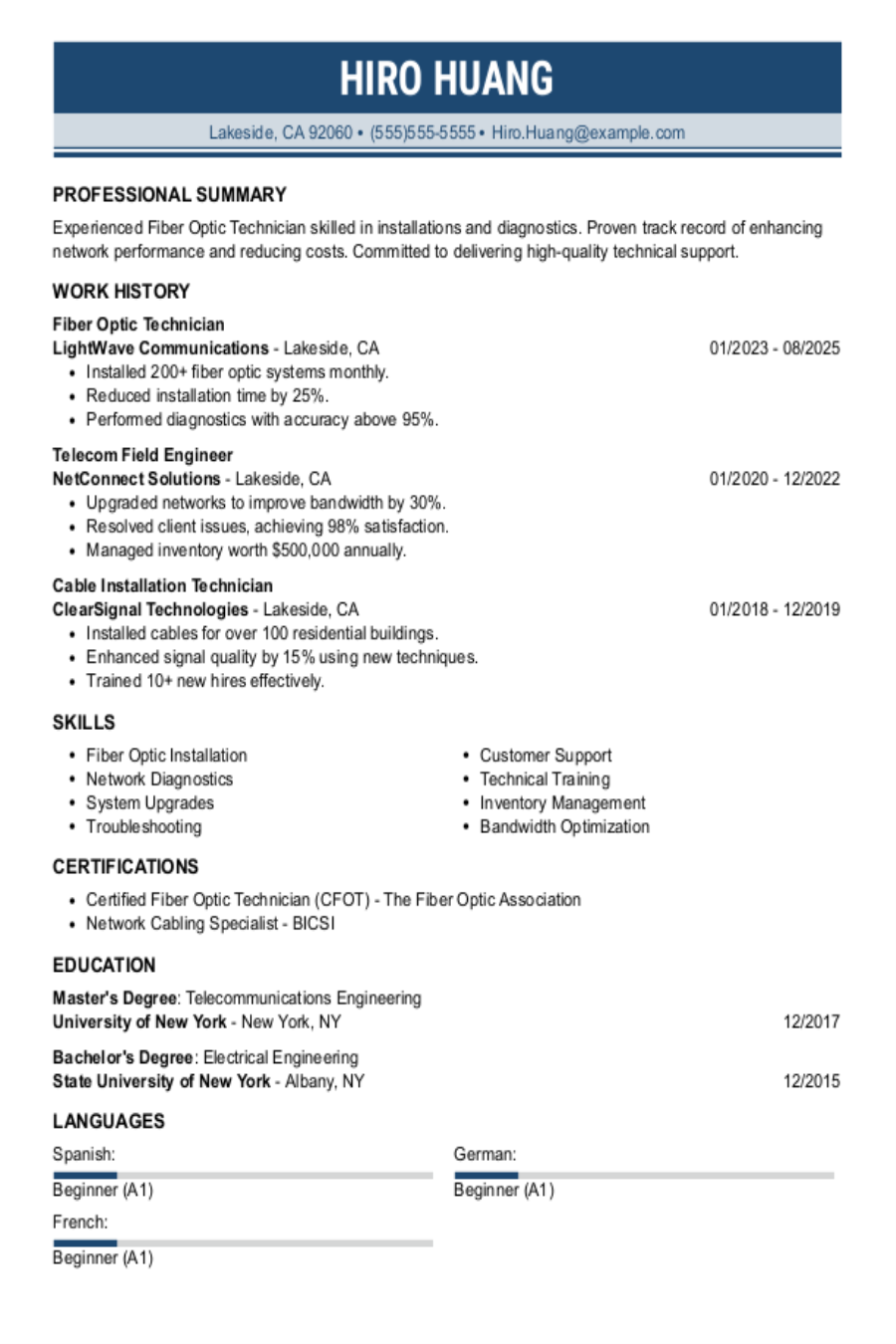 Fiber Optic Technician Resume Examples & Templates (2025)