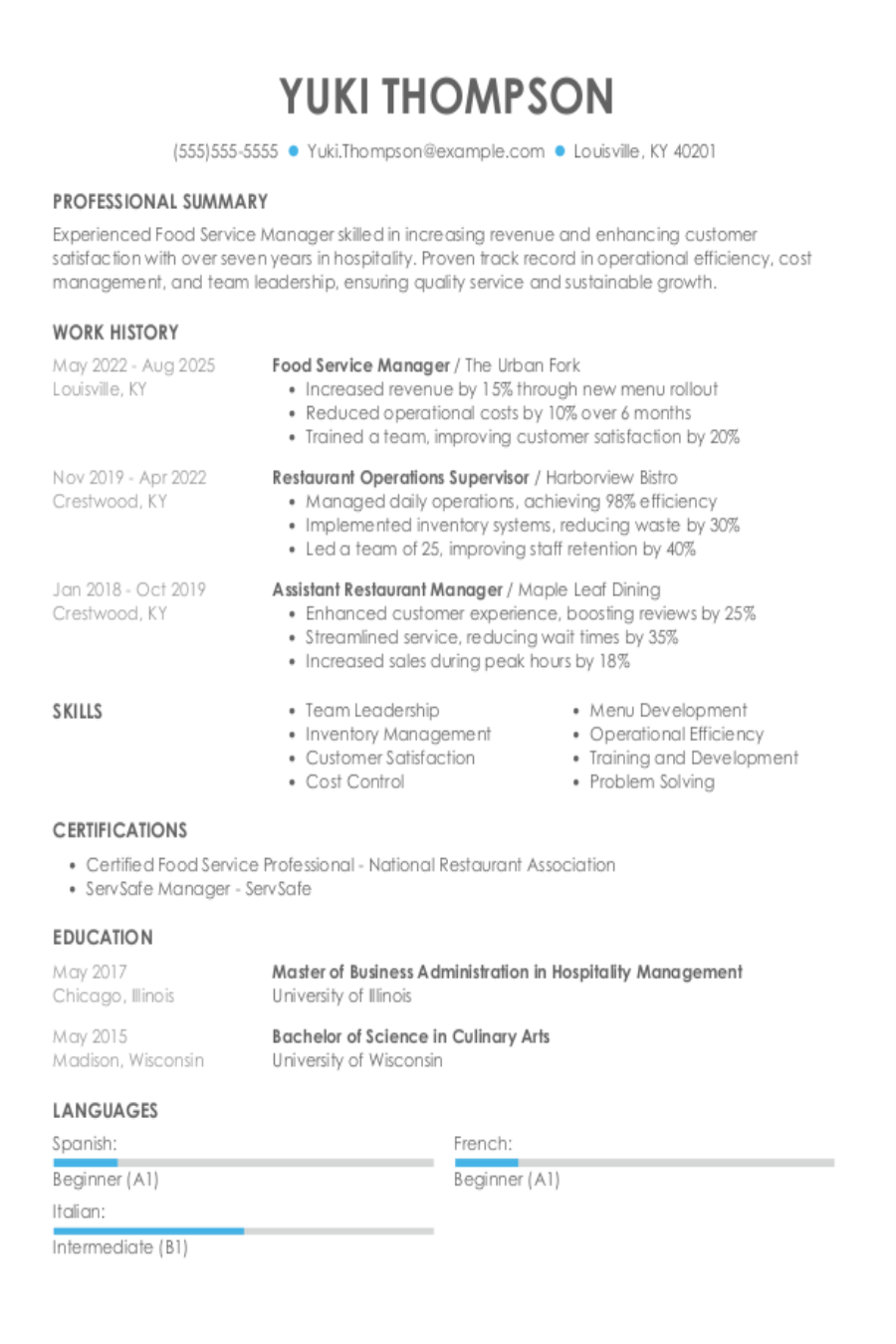 Food Service Manager Resume Examples & Templates