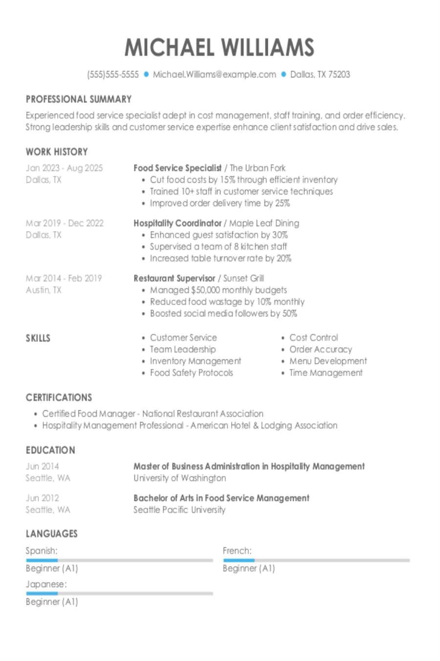 Food Service Resume Examples & Templates