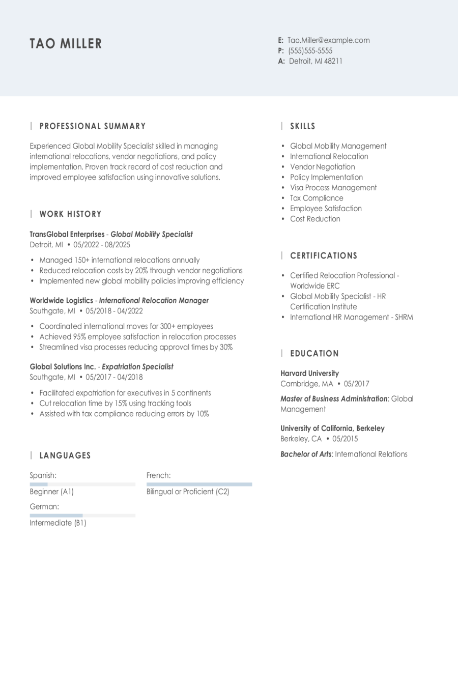 Global Mobility Specialist Resume Examples & Templates