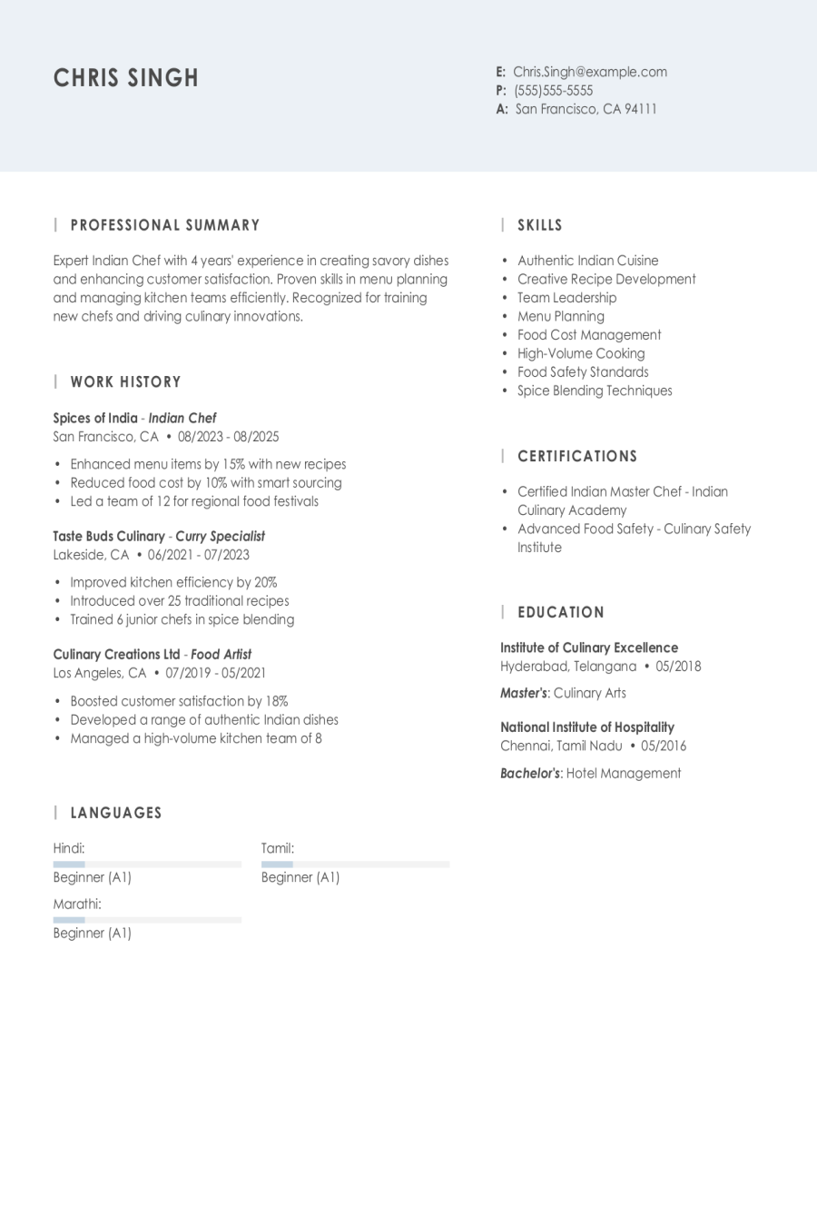 Indian Chef Resume Examples & Templates (2025)