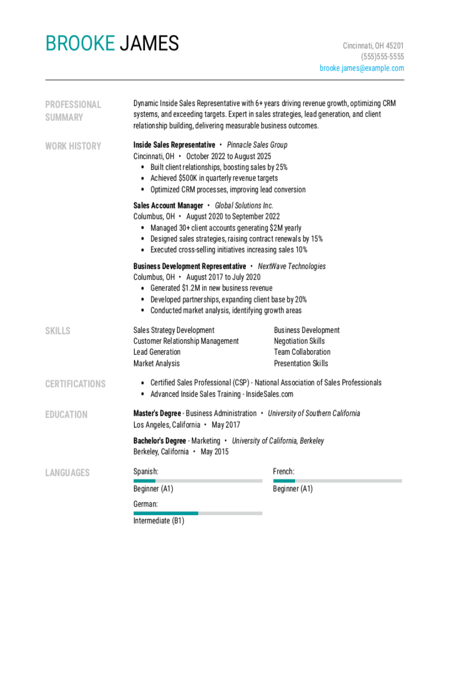 Inside Sales Resume Example