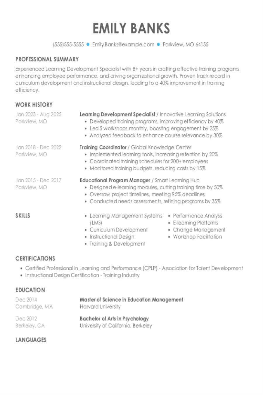 Learning Development Specialist Resume Examples & Templates