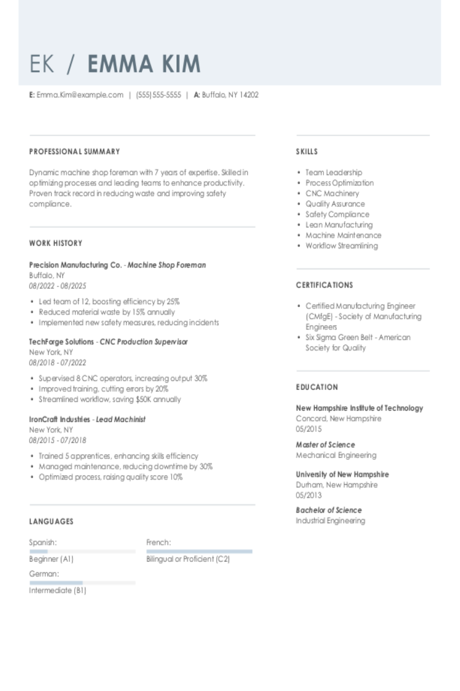 Machine Shop Foreman Resume Examples & Templates