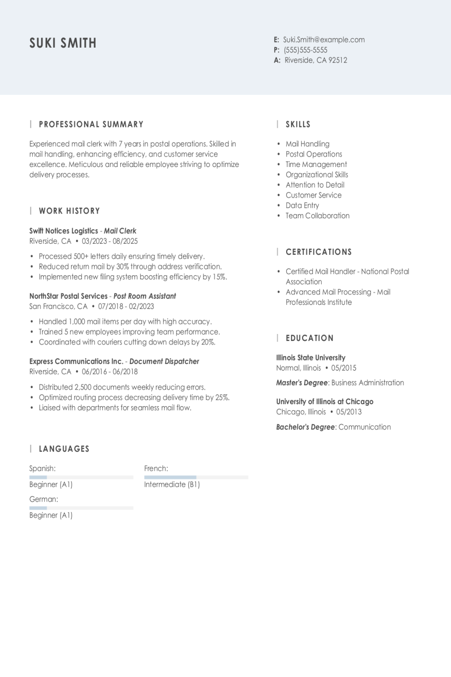 Mail Clerk Resume Examples & Templates