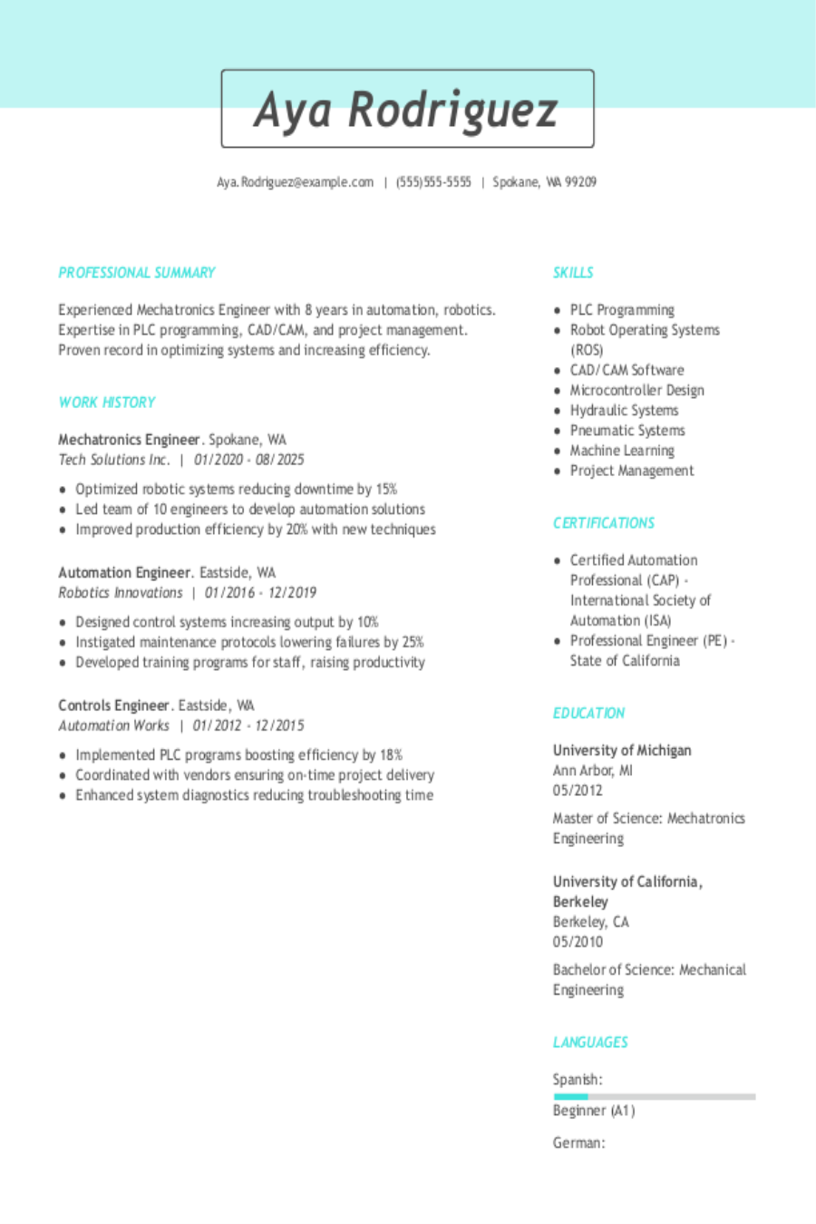 Mechatronics Engineer Resume Examples & Templates