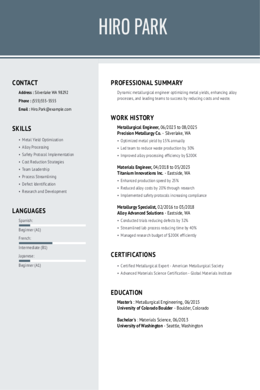 Metallurgical Engineer Resume Examples & Templates