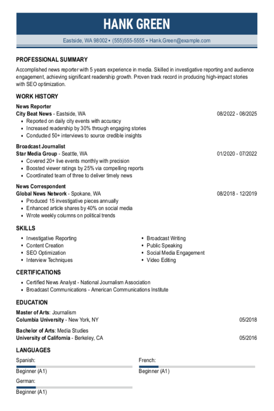 News Reporter Resume Examples & Templates (2025)