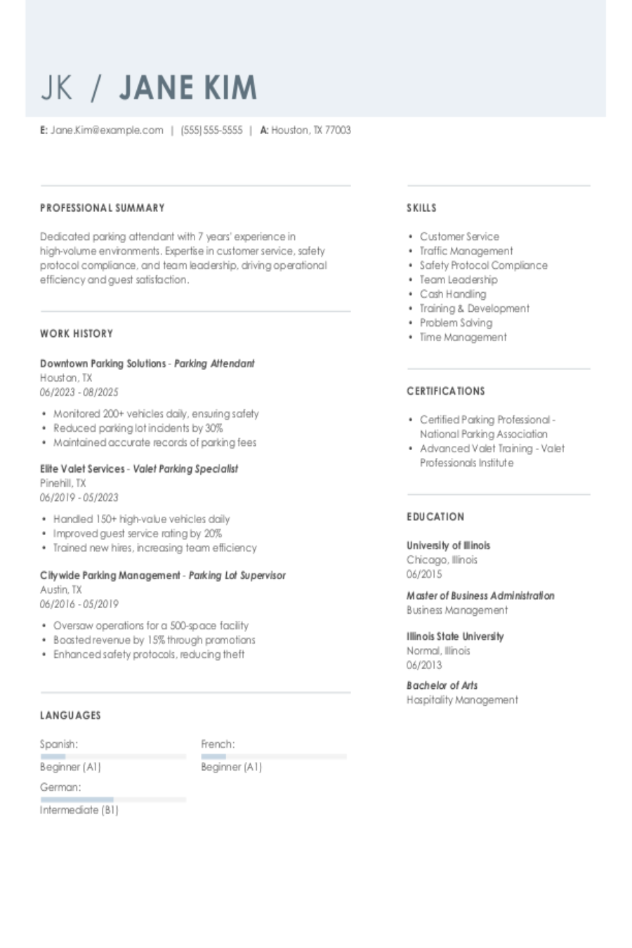 Parking Attendant Resume Examples & Templates