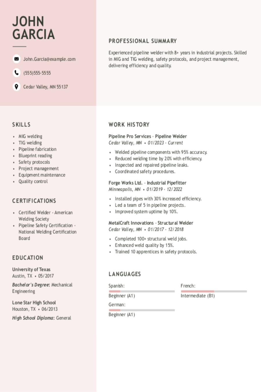 Pipeline Welder Resume Examples & Templates