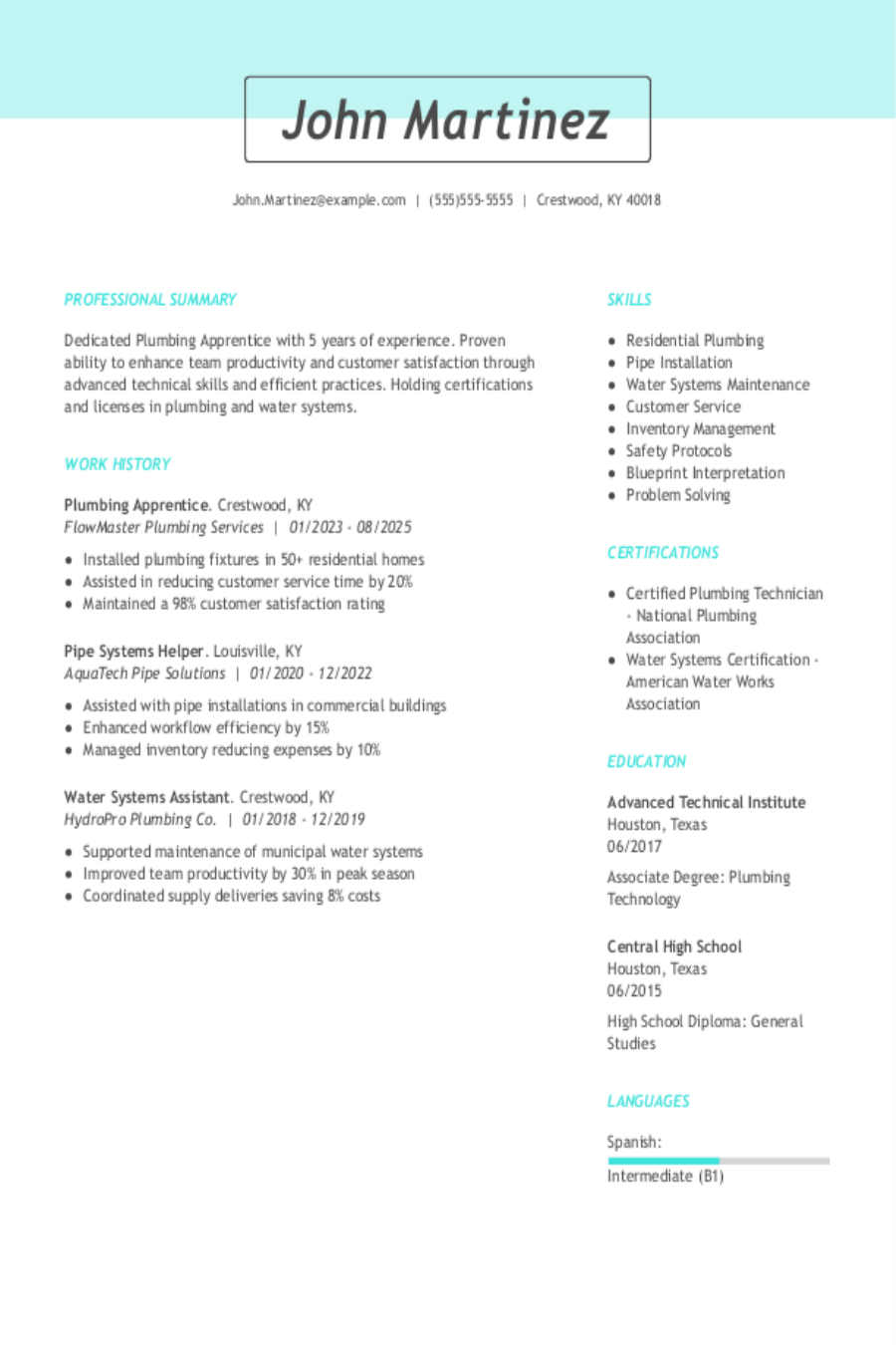 Plumbing Apprentice Resume Examples & Templates