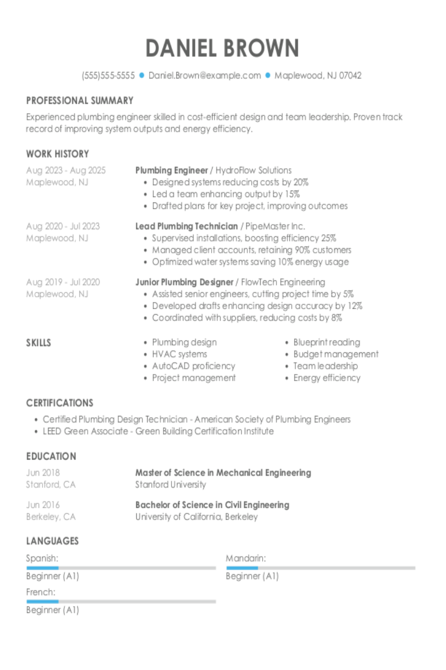 Plumbing Engineer Resume Examples & Templates