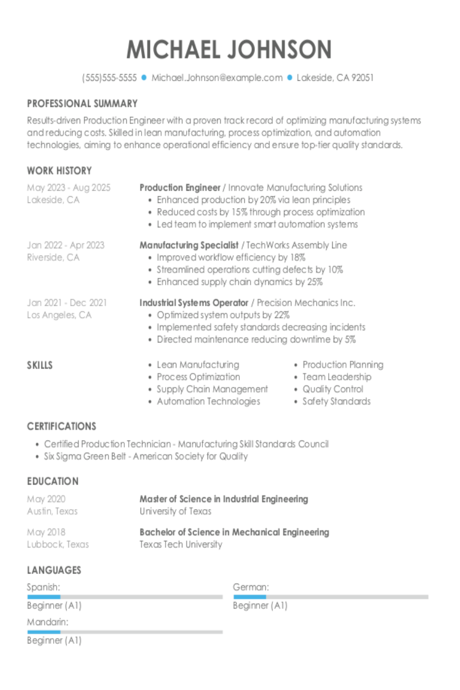 Production Engineer Resume Examples & Templates