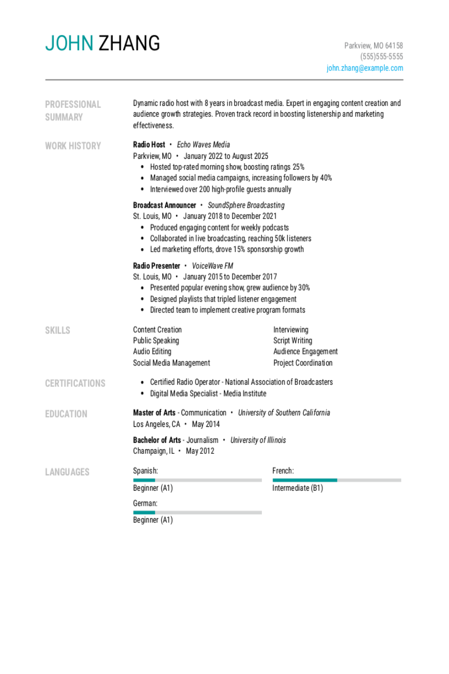 Radio Host Resume Examples & Templates (2025)