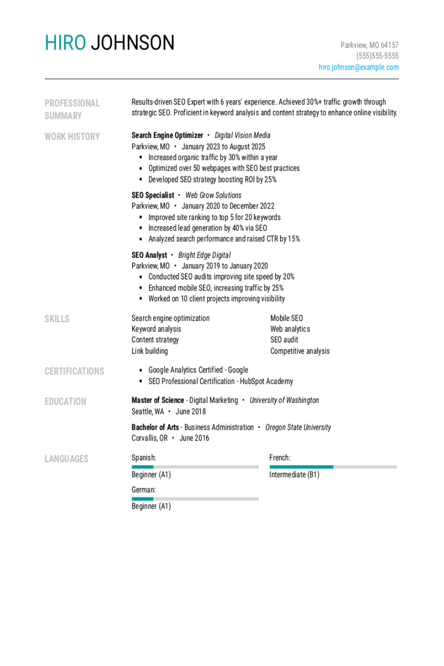 Search Engine Optimizer Resume Examples & Templates (2025)