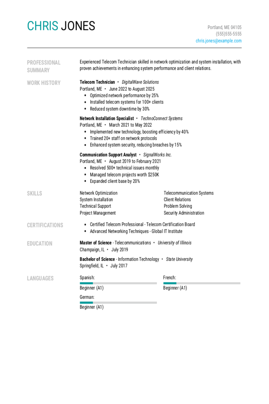 Telecom Technician Resume Examples & Templates (2025)