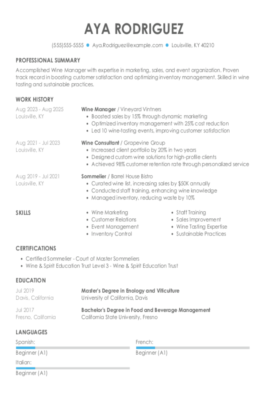 Wine Manager Resume Examples & Templates