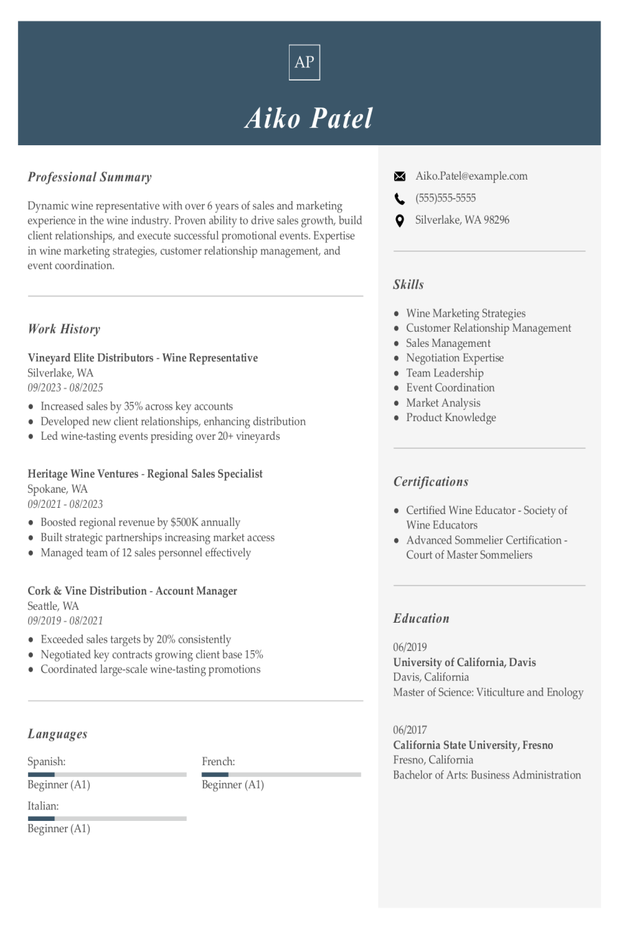 Wine Representative Resume Examples & Templates (2025)
