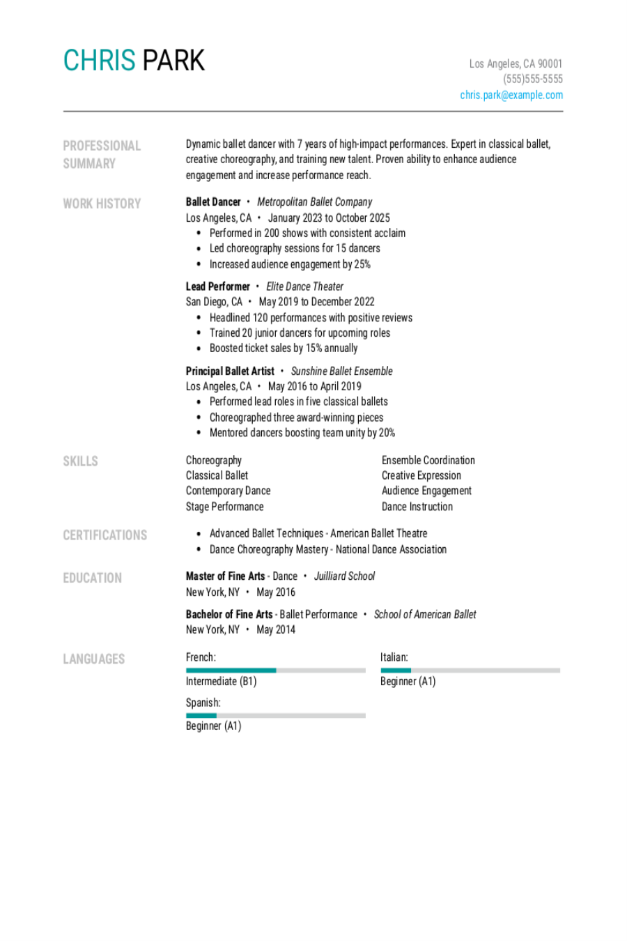 Ballet Dancer Resume Examples & Templates