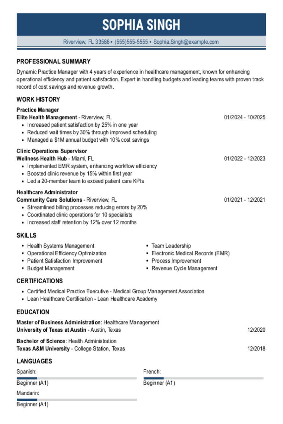 Practice Manager Resume Examples & Templates